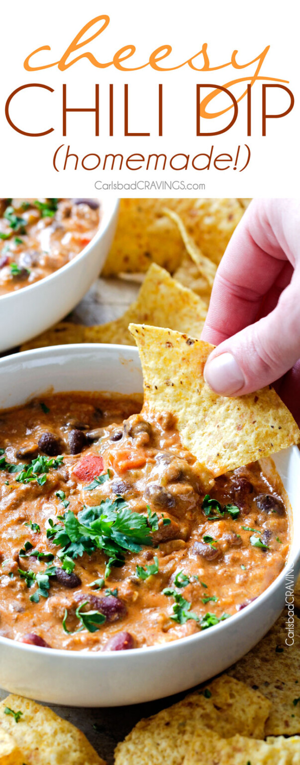 BEST Chili Cheese Dip - NO Velveeta (crockpot & freezer instructions)