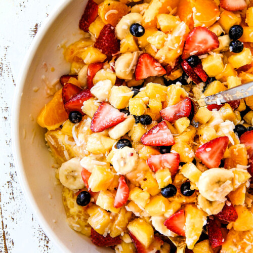 Pina Colada Fruit Salad (with BEST pineapple coconut glaze!)