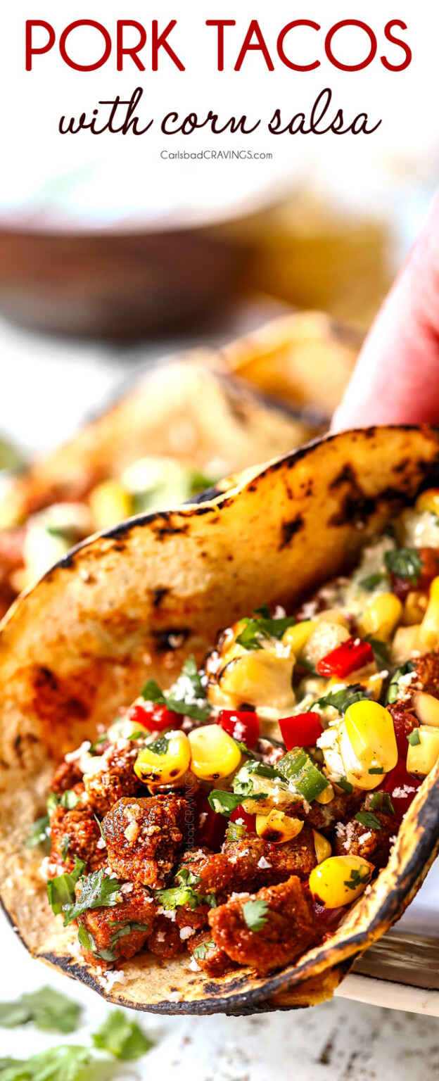 quick and easy PORK TACOS with Corn Salsa & Avocado Crema