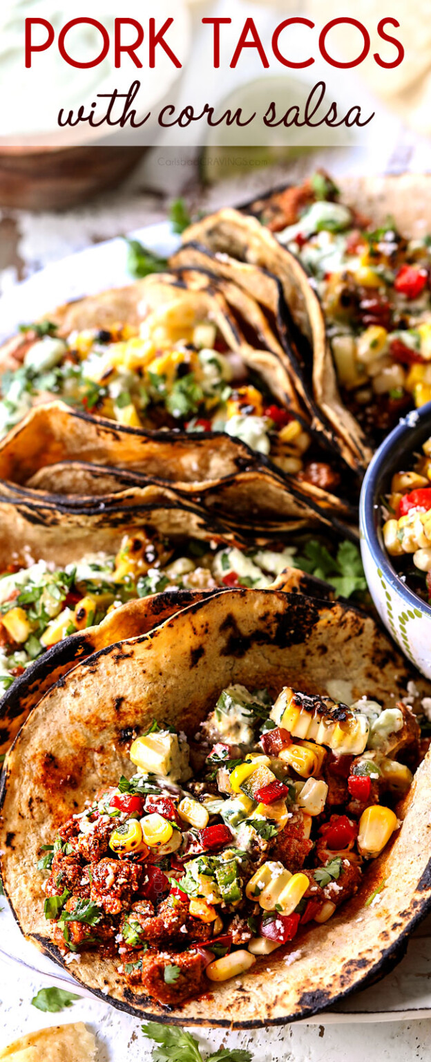 quick and easy PORK TACOS with Corn Salsa & Avocado Crema