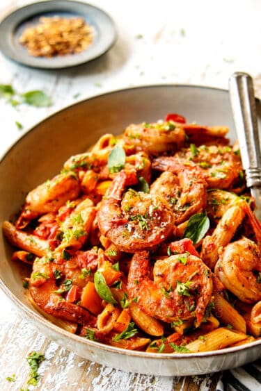 Shrimp with Pasta in Garlic Tomato Cream Sauce - Carlsbad Cravings