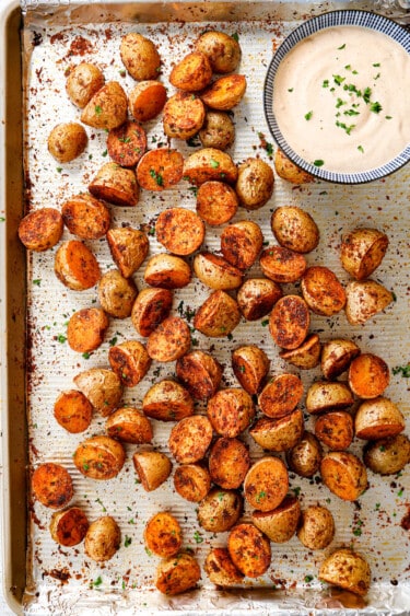 Roasted Cajun Potatoes with the BEST SAUCE!